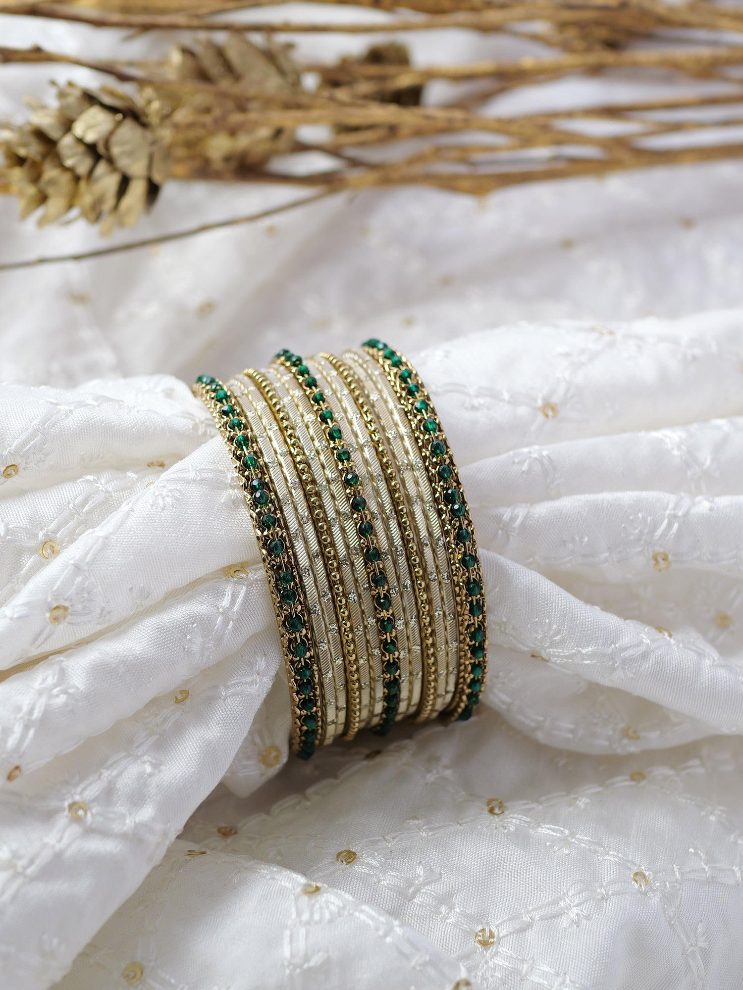 Mohini Bangle Set in Green and Antique Gold