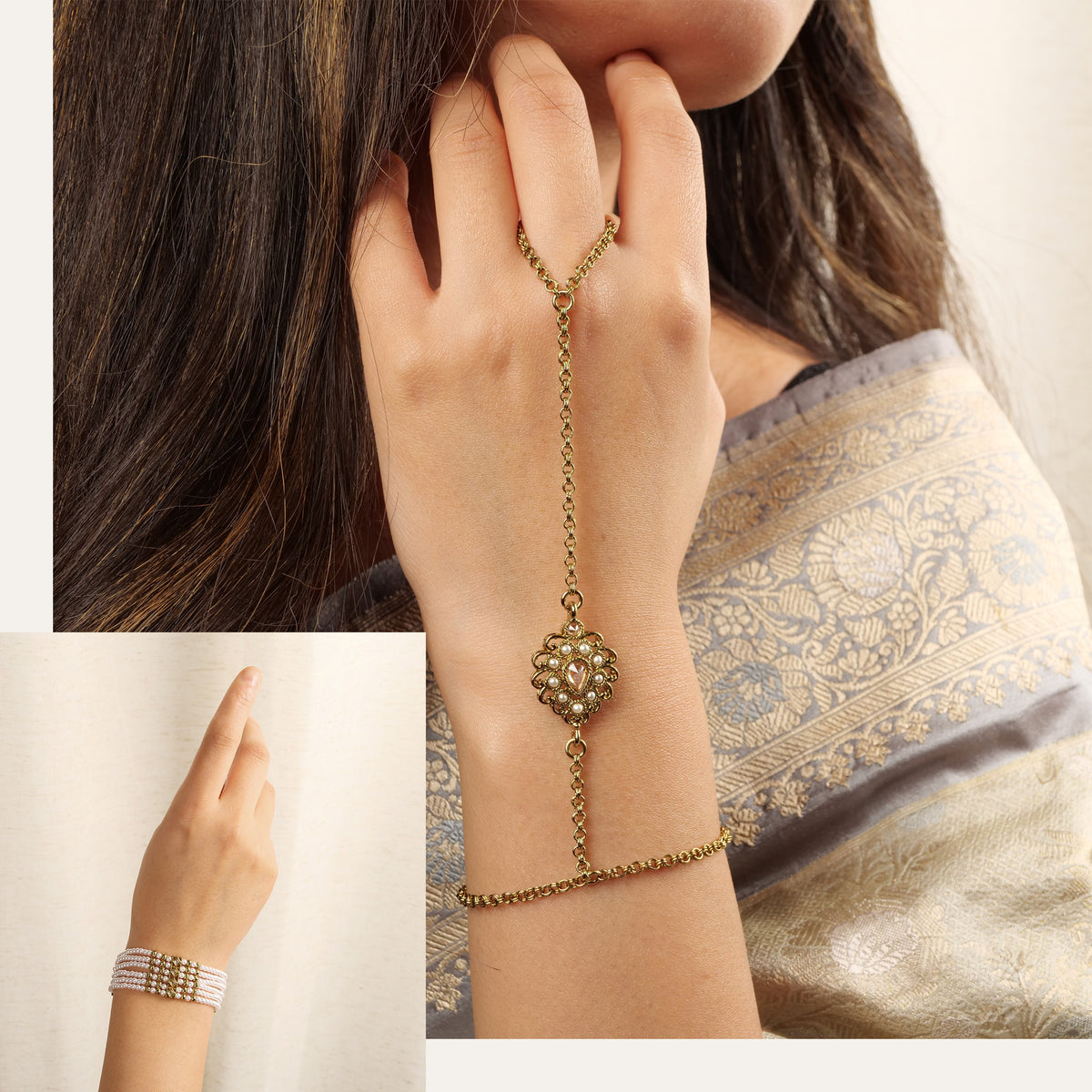 Hand Jewellery- Rings, Hand Chains & Bracelets in Antique Gold & Rhodium