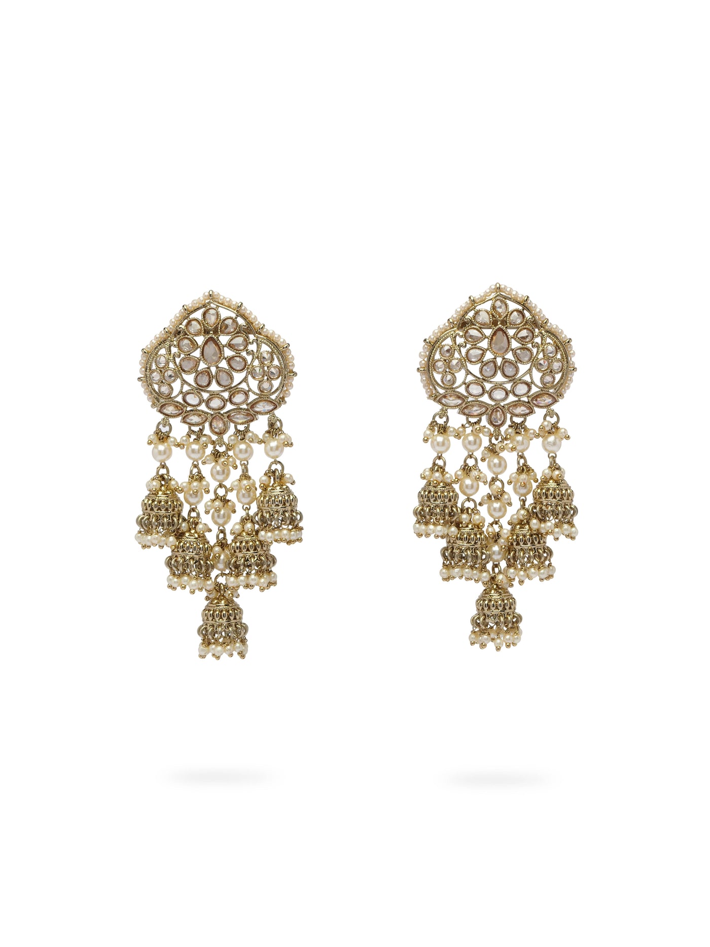 Kimaya Long Jhumka Earrings in Pearl and Champagne