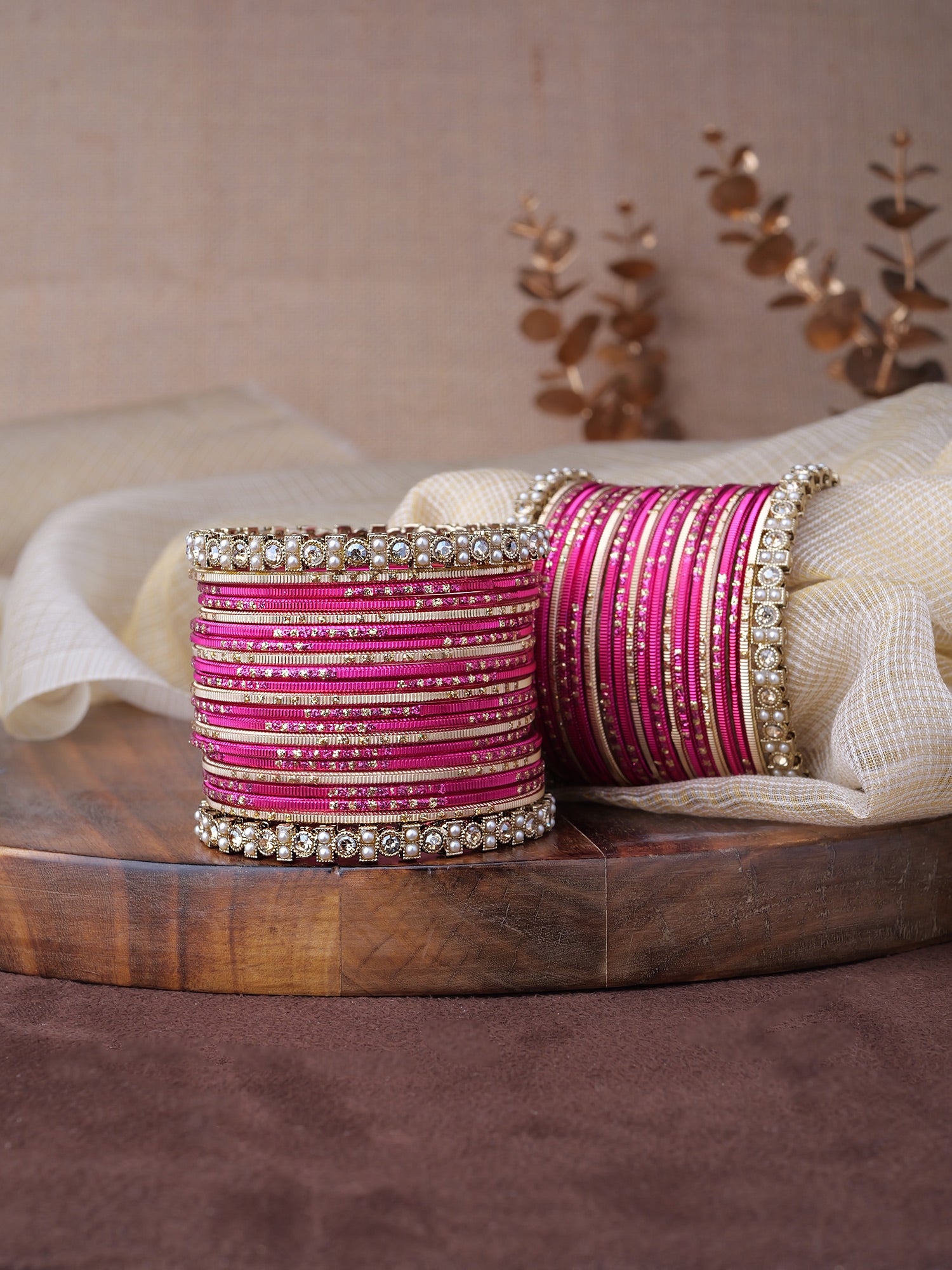 Mehira Two Hand Bangle Set in Hot Pink