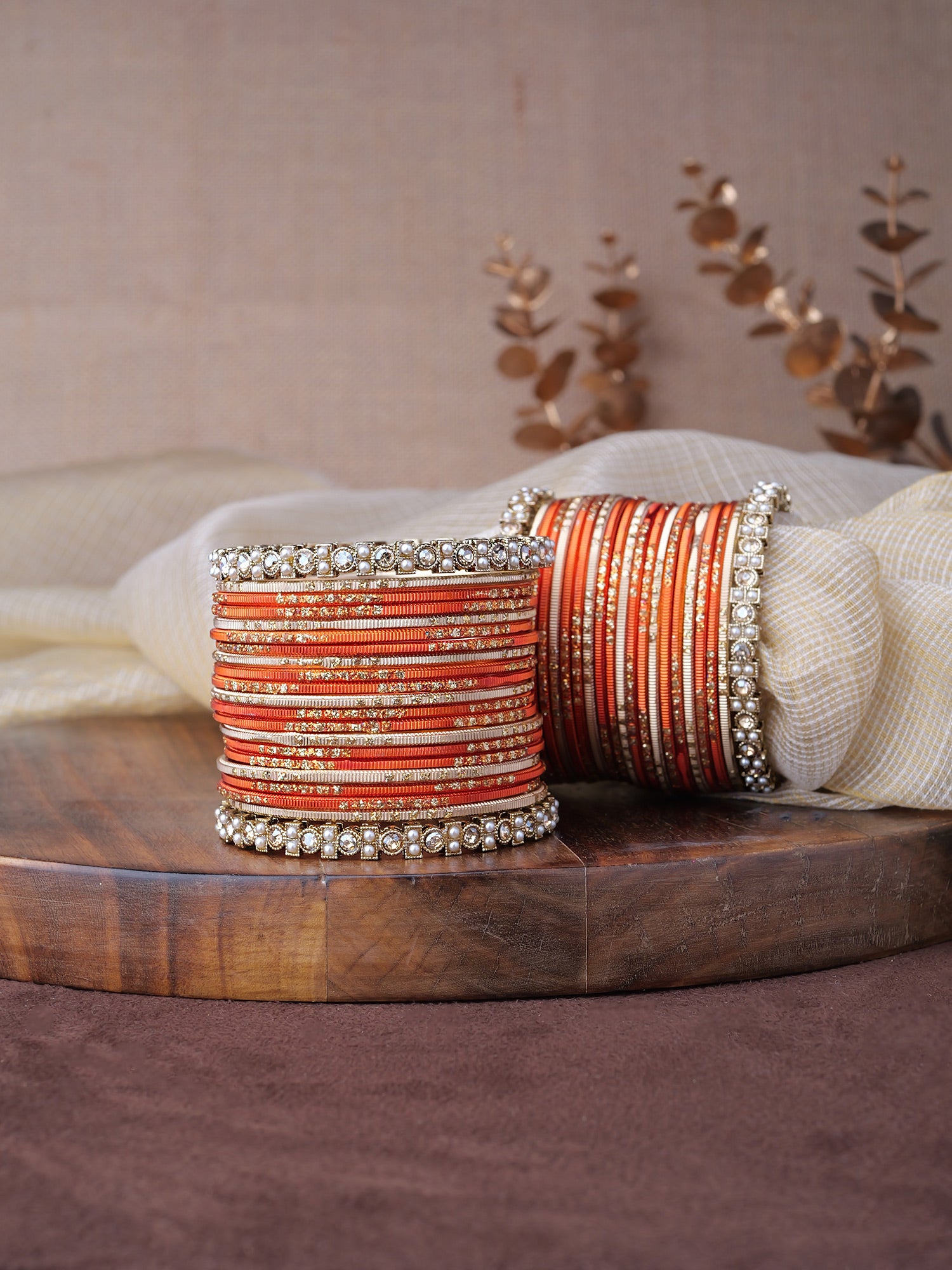 Mehira Two Hand Bangle Set in Orange