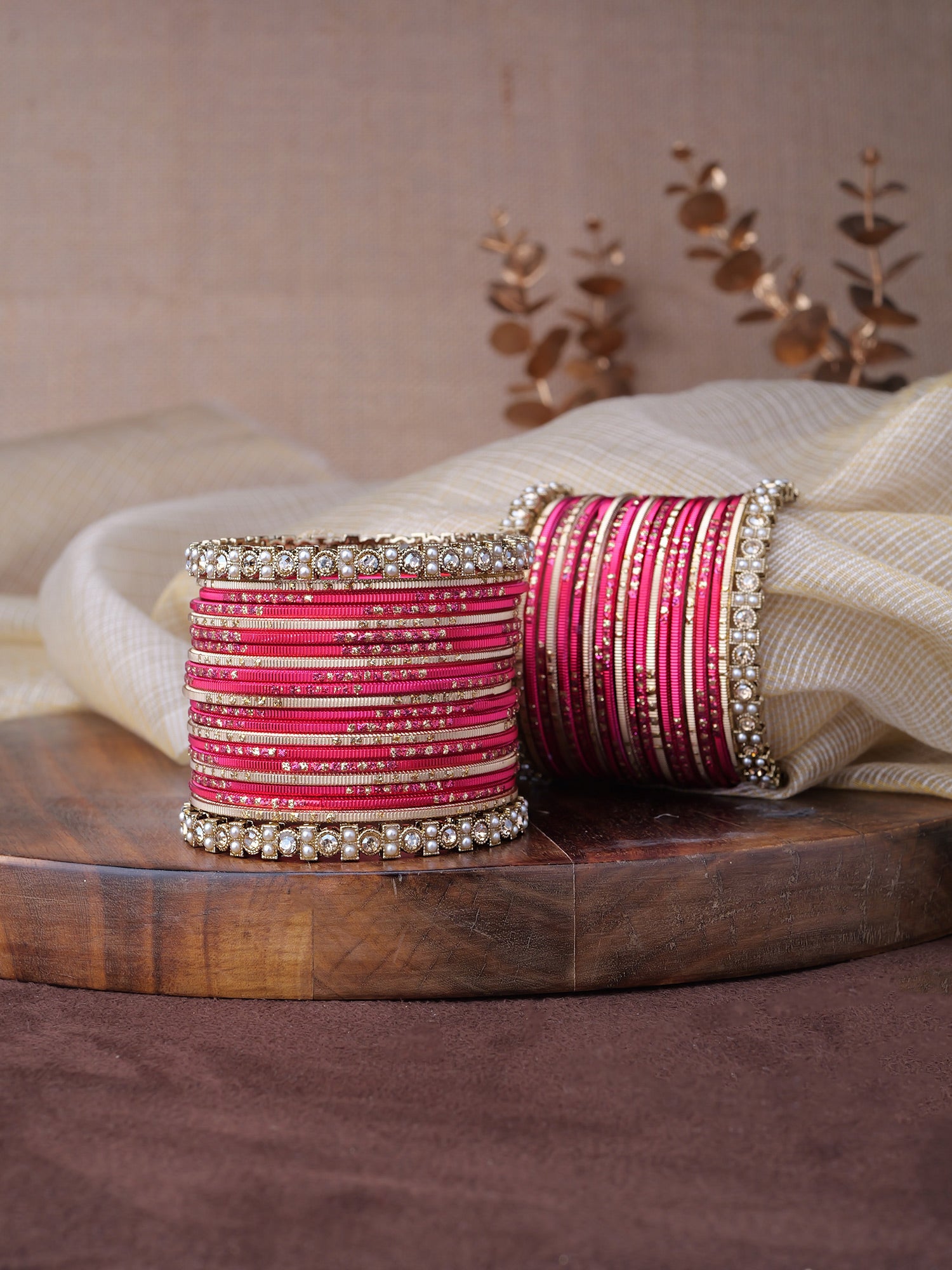 Mehira Two Hand Bangle Set in Raspberry Pink