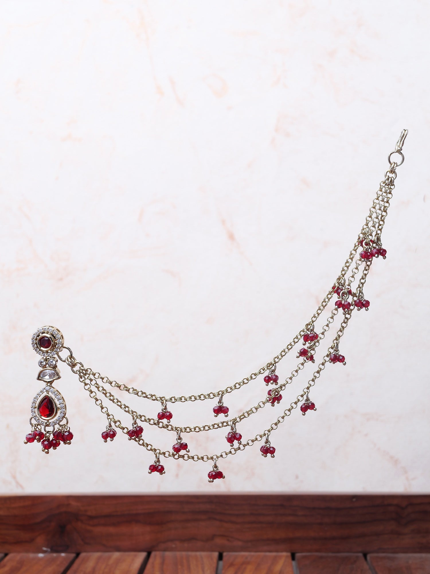 Triple Layer Chain and Maroon Ghungroo Ear Chains